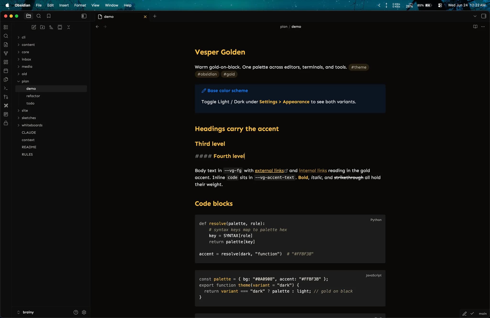 Vesper Golden - Obsidian Theme