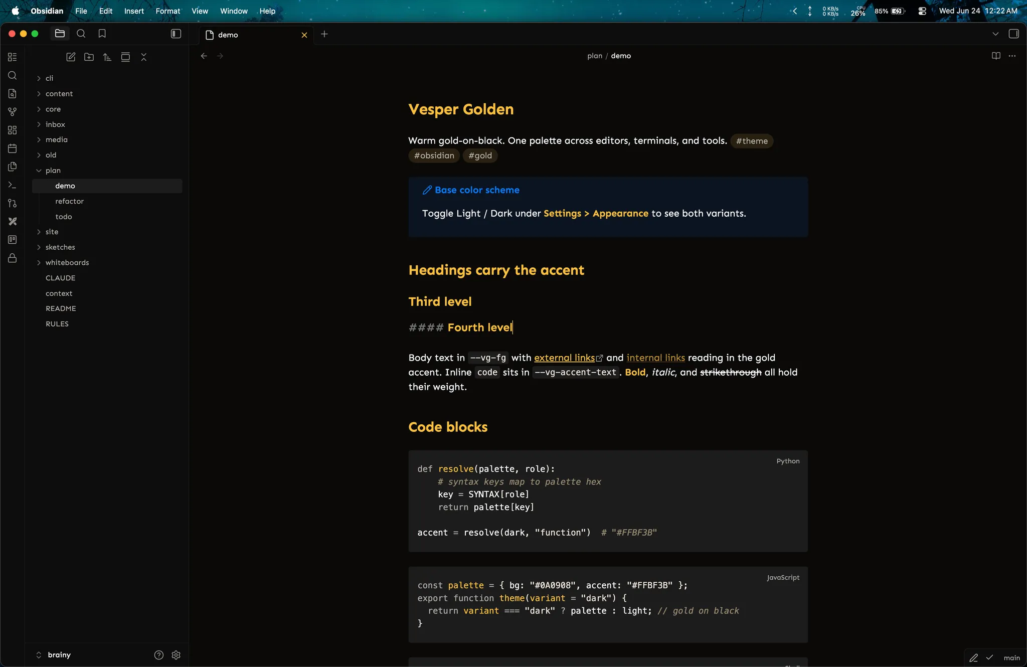 Vesper Golden - Obsidian Theme